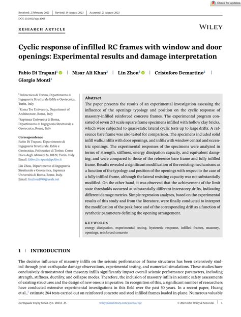 Pdf Cyclic Response Of Infilled Rc Frames With Window And Door Openings Experimental Results