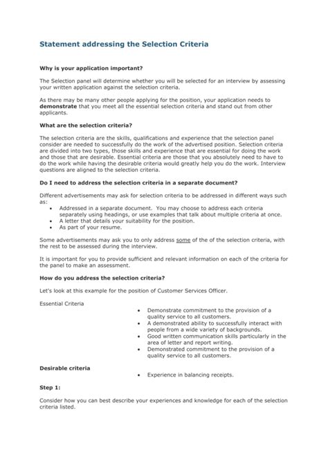 Statement Addressing The Selection Criteria DOC 25KB