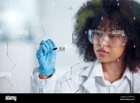 Woman Science And Writing Equation On Glass Problem Solving And Scientist In Laboratory For