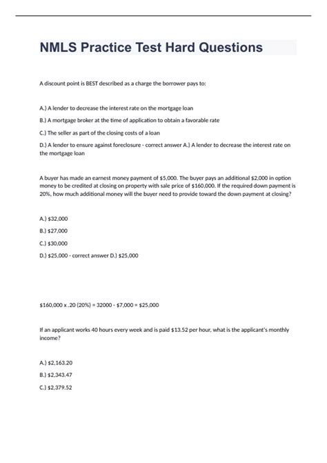 NMLS Practice Test Hard Questions With Correct Answers NMLS Stuvia US