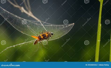 A Firefly Perched On A Dew Covered Spider Web Stock Illustration