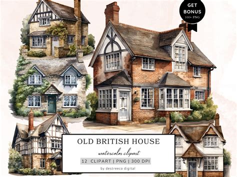 Watercolor Old British House Clipart Bundle English Cottage Clipart