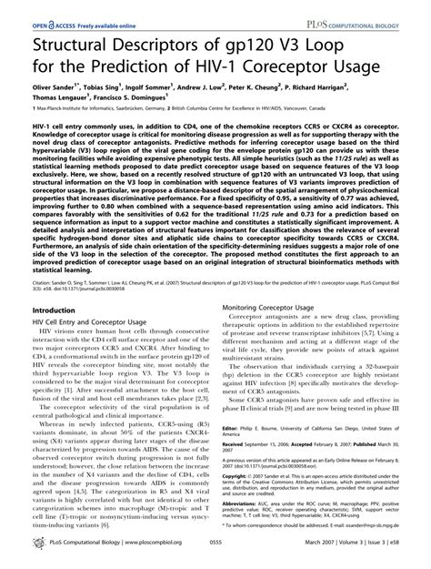 Pdf Structural Descriptors Of Gp120 V3 Loop For The Prediction Of Hiv