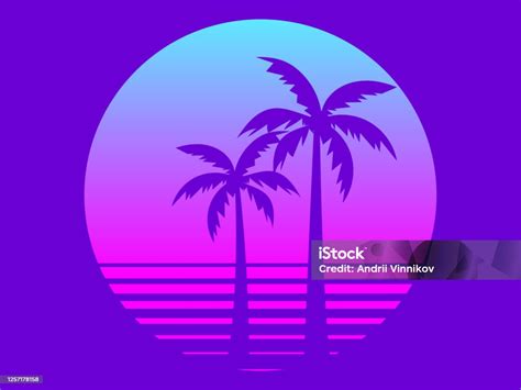 일몰에 80 년대 복고풍 공상 과학 야자수 야자수가 있는 복고풍의 미래지향적인 태양 여름 시간 신디웨이브와 레트로웨이브 스타일 벡터 일러스트레이션 신스웨이브 스타일에 대한