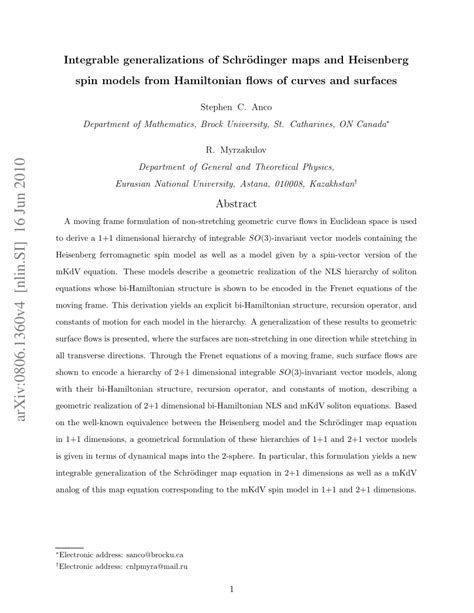 Pdf Integrable Generalizations Of Schrodinger Maps And Heisenberg Spin Models From Hamiltonian