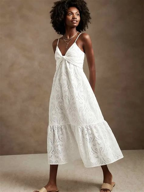 Flowy Boho Eyelet Midi White Summer Dress Fitted Eyelet Dress For