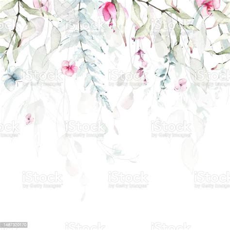 수채화 그림은 꽃 프레임을 그렸습니다 야생 파란색 녹색 및 분홍색 가지 나뭇 가지 나뭇잎 및 꽃으로 배열 꽃 식물에 대한 스톡 벡터 아트 및 기타 이미지 Istock