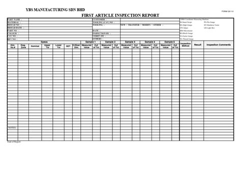 First Article Inspection Report Template Pdf Quality Production