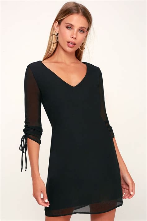 Cute Black Dress Shift Dress Long Sleeve Dress Ruched Dress Lulus