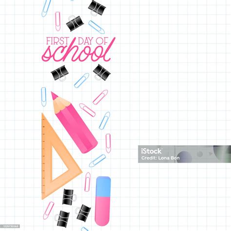 학교 판매 배너 포스터 배경으로 돌아갑니다 노트북 시트에 텍스트 다색 연필 및 기타 학교 용품을 놓습니다 할인 라벨 전단지 및 쇼핑을 위한 레이아웃 0명에 대한 스톡 벡터