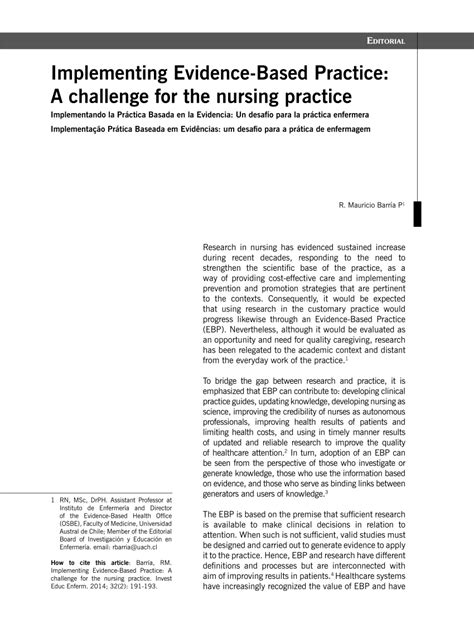 Pdf Implementing Evidence Based Practice A Challenge For The Nursing Practice