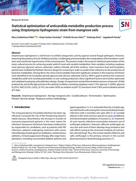 Statistical Optimization Of Anticandida Metabolite Production Process Using Streptomyces