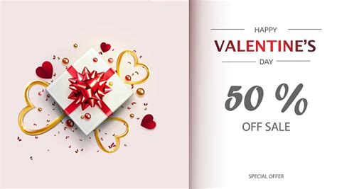 발렌타인 데이쿠폰 또는 광고용 템플릿핑크 배경 50 할인 금빛 하트 빨간 종이 하트 흩어진 반짝임이 있는 선물과 붉은 반짝이는