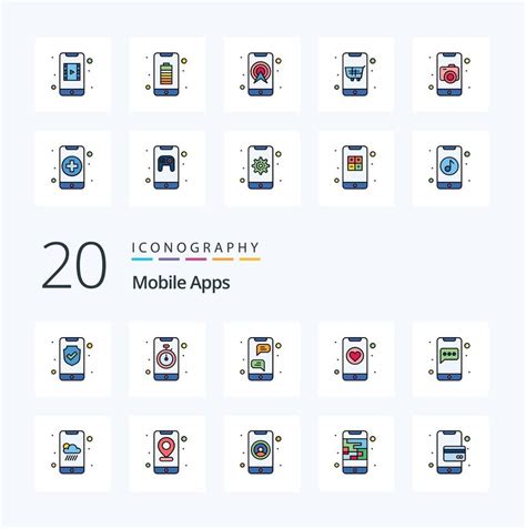 20 Mobile Apps Line Filled Color Icon Pack Like App Phone Clock Dating