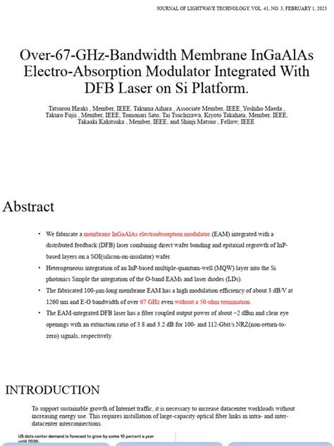 Over 67 Ghz Bandwidth Membrane Ingaalas Electro Absorption Modulator