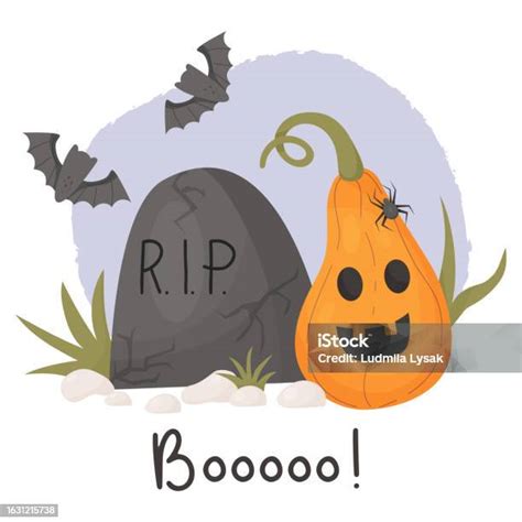멋진 할로윈 카드 귀여운 호박 랜턴 잭 박쥐가 있는 무덤 비석 만화 스타일의 벡터 그림입니다 소름 끼치는 묘지 돌 비석 및 죽음 10월에 대한 스톡 벡터 아트 및 기타