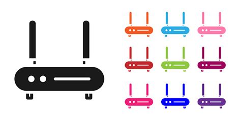 흰색 배경에 격리 된 블랙 라우터 및 Wifi 신호 아이콘 무선 이더넷 모뎀 라우터 컴퓨터 기술 인터넷 다채로운 아이콘을 설정합니다 벡터 일러스트레이션 0명에 대한 스톡