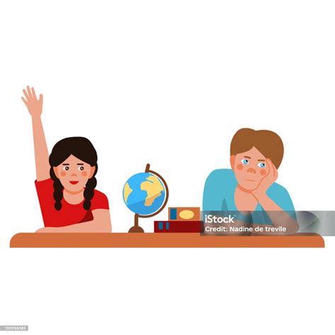 여학생은 대답하고 싶어하고 학생은 수업 중에 지루하다 고등학교 이하에 대한 스톡 벡터 아트 및 기타 이미지 고등학교 이하 공부 교사 교육 관련 직업 Istock
