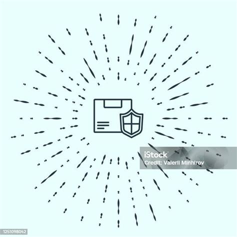 회색 배경에 격리 된 방패 아이콘이있는 검은 줄 배달 보안 배달 보험 방패 너머에 있는 골판지 상자 추상 원 임의점 벡터 가능성에 대한 스톡 벡터 아트 및 기타 이미지