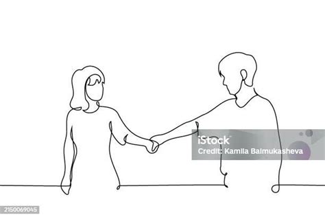 남자와 여자가 서로를 보고 손을 잡고 하나의 라인 아트 벡터입니다 산책하는 컨셉 애호가 함께 인생을 헤쳐 나가다 2명에 대한 스톡 벡터 아트 및 기타 이미지 Istock