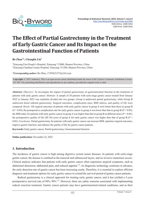 Pdf The Effect Of Partial Gastrectomy In The Treatment Of Early Gastric Cancer And Its Impact