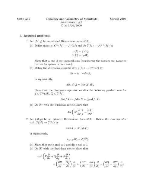 Assignment 9 With Problems Topology And Geometry Of Manifolds Math 546 Docsity