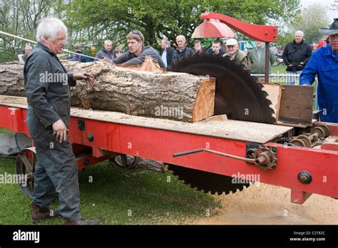 Men Demonstrating The Cutting Of Wood With Tractor Driven Rack Saw Old