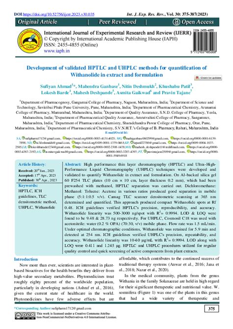 Pdf Development Of Validated Hptlc And Uhplc Methods For Quantiﬁcation Of Withanolide In