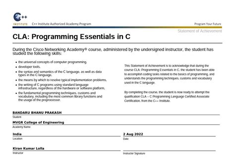 Bhanu Prakash Bandaru On Linkedin Completed Successfully C Language In Cisco Cisco Mvgr College Of…