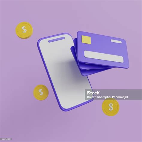 신용 카드와 동전이 있는 3d 전화 온라인 지불 개념입니다 모바일 지갑 응용 프로그램 보라색 배경에 은행 앱 3d 아이콘 렌더링 그림입니다 3차원 형태에 대한 스톡 사진 및
