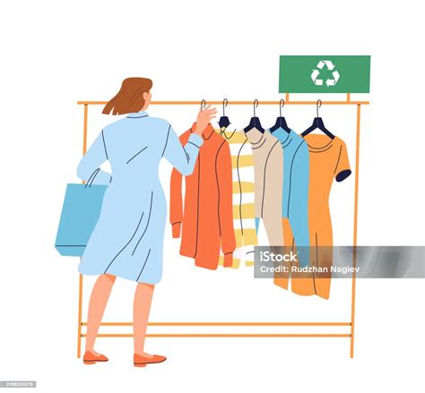 사람들은 옷을 재사용합니다 젊은 여자는 중고 가게에서 옷을 산다 제로 웨이스트와 지속 가능한 패션 자연과 환경을 돌봅니다 평면 벡터 일러스트 레이 션 고객에 대한 스톡 벡터