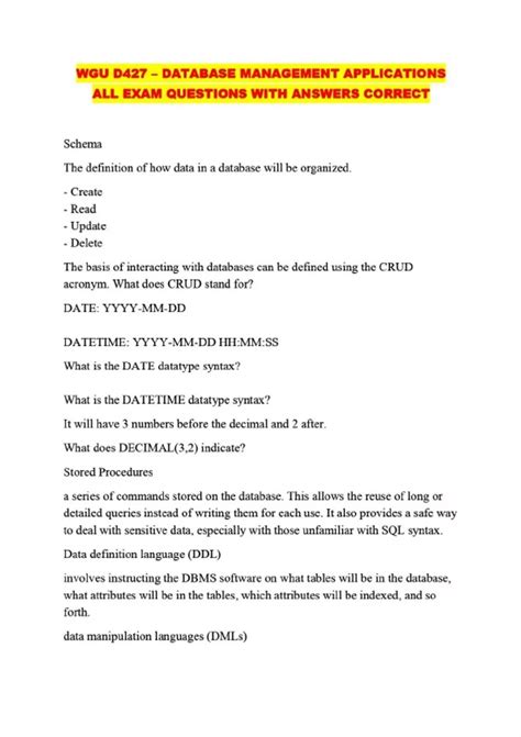 WGU D DATABASE MANAGEMENT APPLICATIONS ALL EXAM QUESTIONS WITH ANSWERS CORRECT WGU D