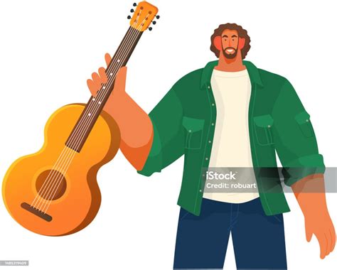 어쿠스틱 기타 악기를 연주하는 남성 스트리트 기타리스트 캐릭터 라이브 공연 만화 스타일 Performing Arts Event에 대한 스톡 벡터 아트 및 기타 이미지