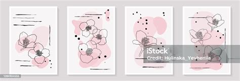 창의적인 미니멀한 손 그리기 일러스트레이션 플로럴 윤곽 브러쉬 스트로크 파스텔 심플한 모양으로 벽 장식 포스터 또는 브로셔 커버 디자인 0명에 대한 스톡 벡터 아트 및 기타