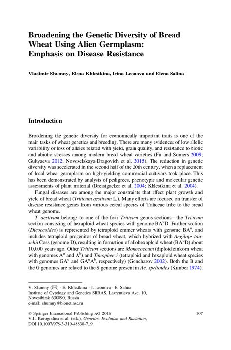 Pdf Broadening The Genetic Diversity Of Bread Wheat Using Alien Germplasm Emphasis On Disease