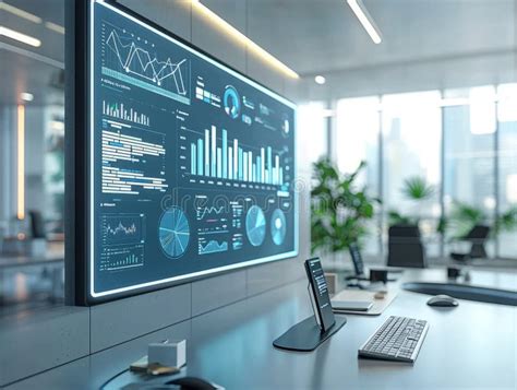 Modern Office With Advanced Ai Powered Workstations And Data Analytics Stock Illustration