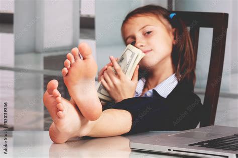 Portrait Of Very Happy Cute Young Business Girl With Bare Feet On The