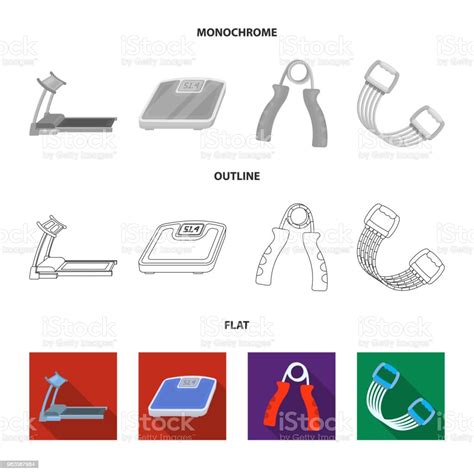 디딜 방 아 비늘 익 스팬 더 및 훈련을 위한 다른 장비 체육관 및 운동 평면 개요 흑백 스타일 벡터 기호 재고 일러스트 웹 컬렉션 아이콘을 설정합니다 로고에 대한 스톡