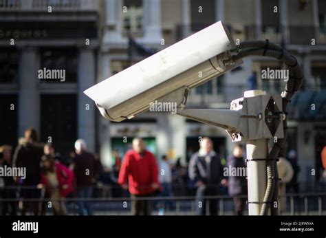 Surveillance Cctv Security Camera In The Center Of Madrid Spain Stock