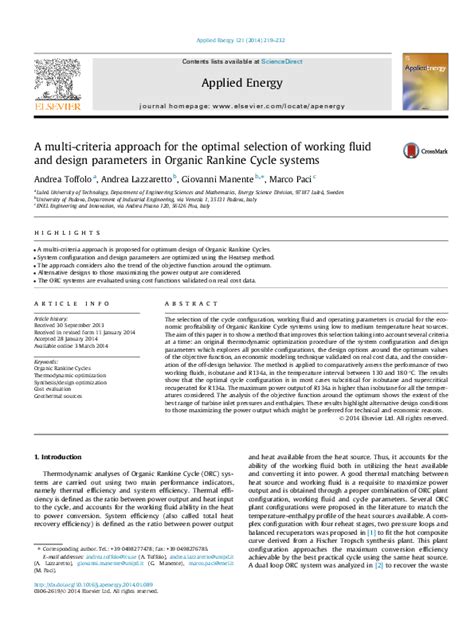 Pdf A Multi Criteria Approach For The Optimal Selection Of Working Fluid And Design Parameters