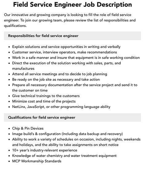 Field Service Engineer Job Description Velvet Jobs