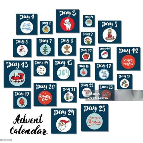 크리스마스 출현 달력입니다 손으로 그린 요소와 숫자입니다 겨울 휴일 캘린더 카드 세트 디자인 벡터 일러스트 레이 션 완구류에 대한 스톡 벡터 아트 및 기타 이미지 Istock