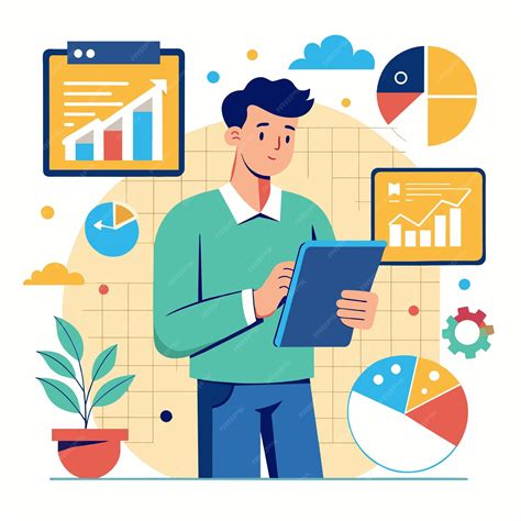 A Man Standing Holding A Clipboard In His Hands Analyzing Infographics