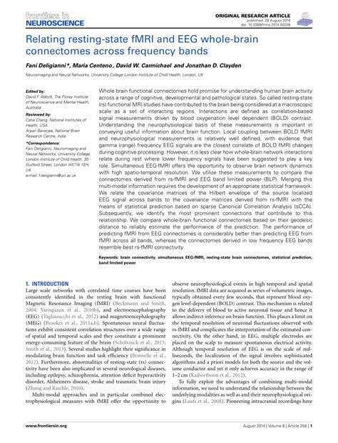 Pdf Relating Resting State Fmri And Eeg Whole Brain Connectomes Across Frequency Bands