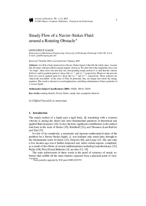 Pdf Steady Flow Of A Navier Stokes Fluid Around A Rotating Obstacle