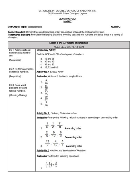 Learning Plan Unit 2 Lesson 6 Pdf Numbers Mathematical Notation
