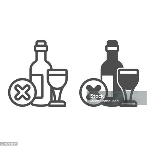 와인 병과 유리 금지 선과 단색 아이콘 금지 품목 개념 벡터 그래픽 와인 위스키 알코올 음주 흰색 배경 개요 스타일 아이콘 모바일 웹 디자인 개념에 대한 스톡 벡터 아트 및