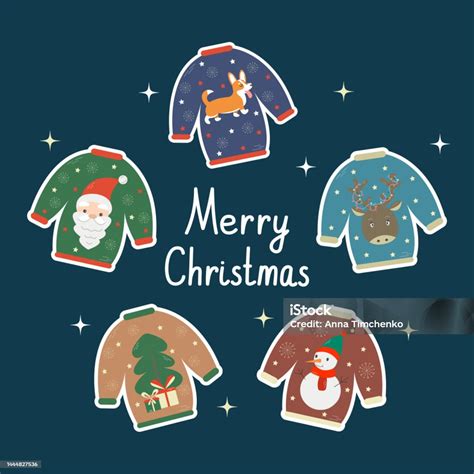다른 만화 못생긴 스웨터와 크리스마스 엽서입니다 플랫 스타일의 귀여운 크리스마스 스웨터 컨셉 벡터 못생긴 스웨터 파티