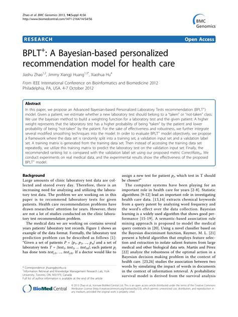 Pdf Bplt A Bayesian Based Personalized Recommendation Model For