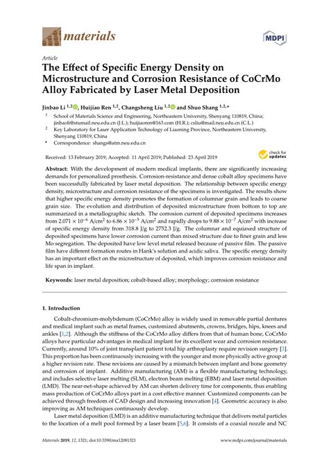 Pdf The Effect Of Specific Energy Density On Microstructure And Corrosion Resistance Of Cocrmo